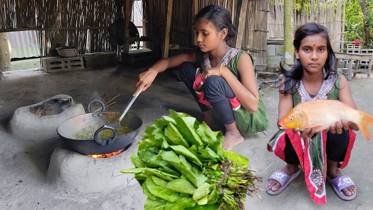 Gold fish cooking with palong shak recipe by santali cute girl | New ...