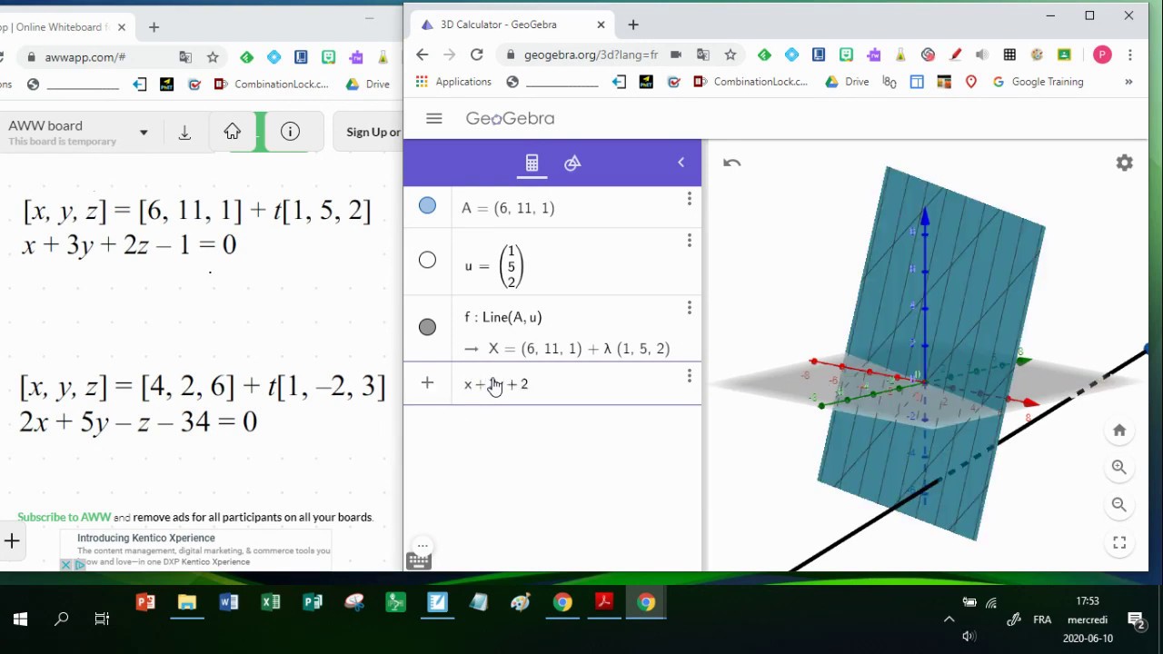 MCV4U La nature de l'intersection d'une droite et d'un plan en 3D à l'aide de Geogebra - YouTube