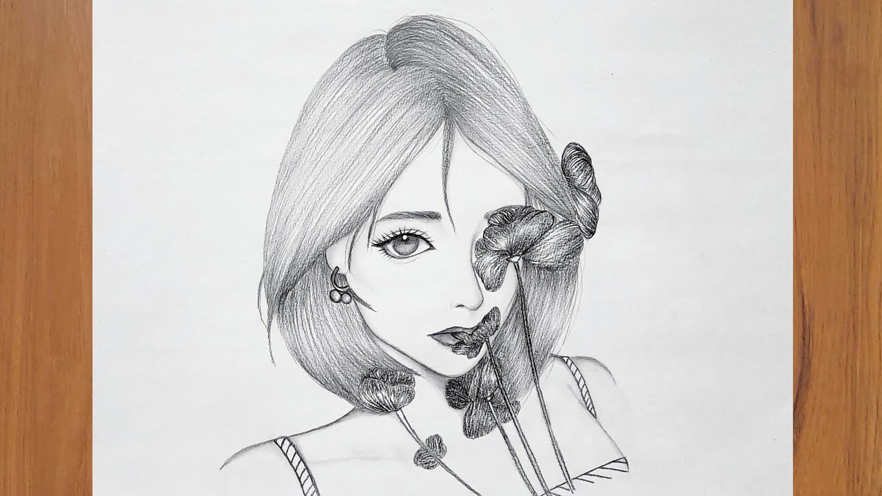 Girl with flowers drawing:How to draw a girl with Flower - step by step ...