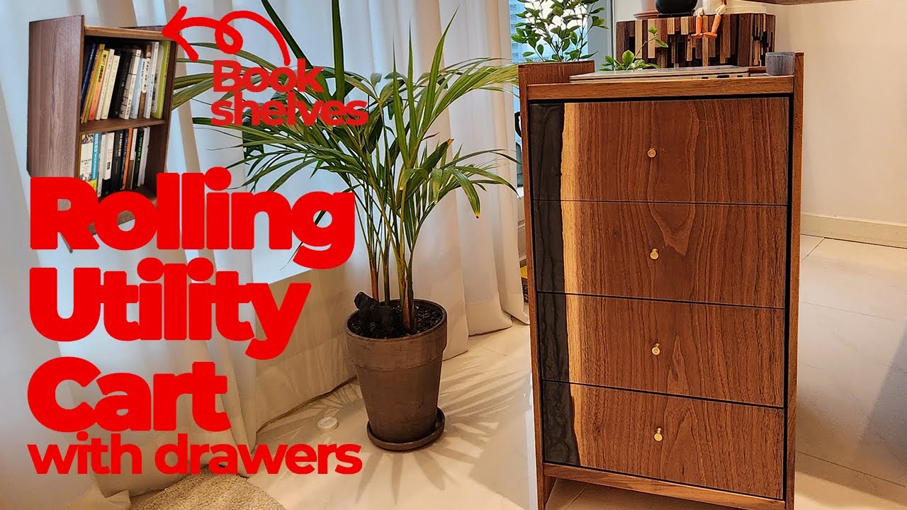 Walnut Rolling utility cart with drawers - YouTube