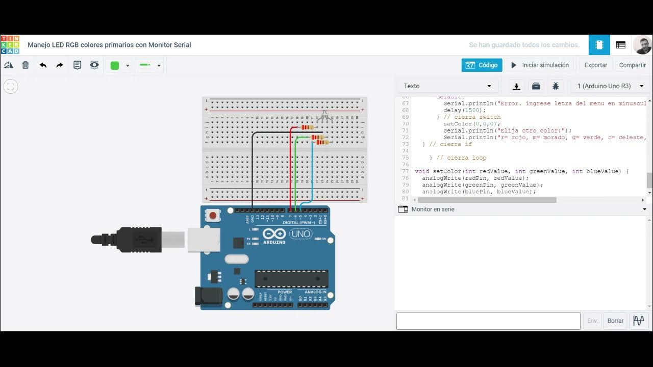 Circuit design Manejo LED RGB colores primarios con Monitor Serial | Tinkercad - YouTube