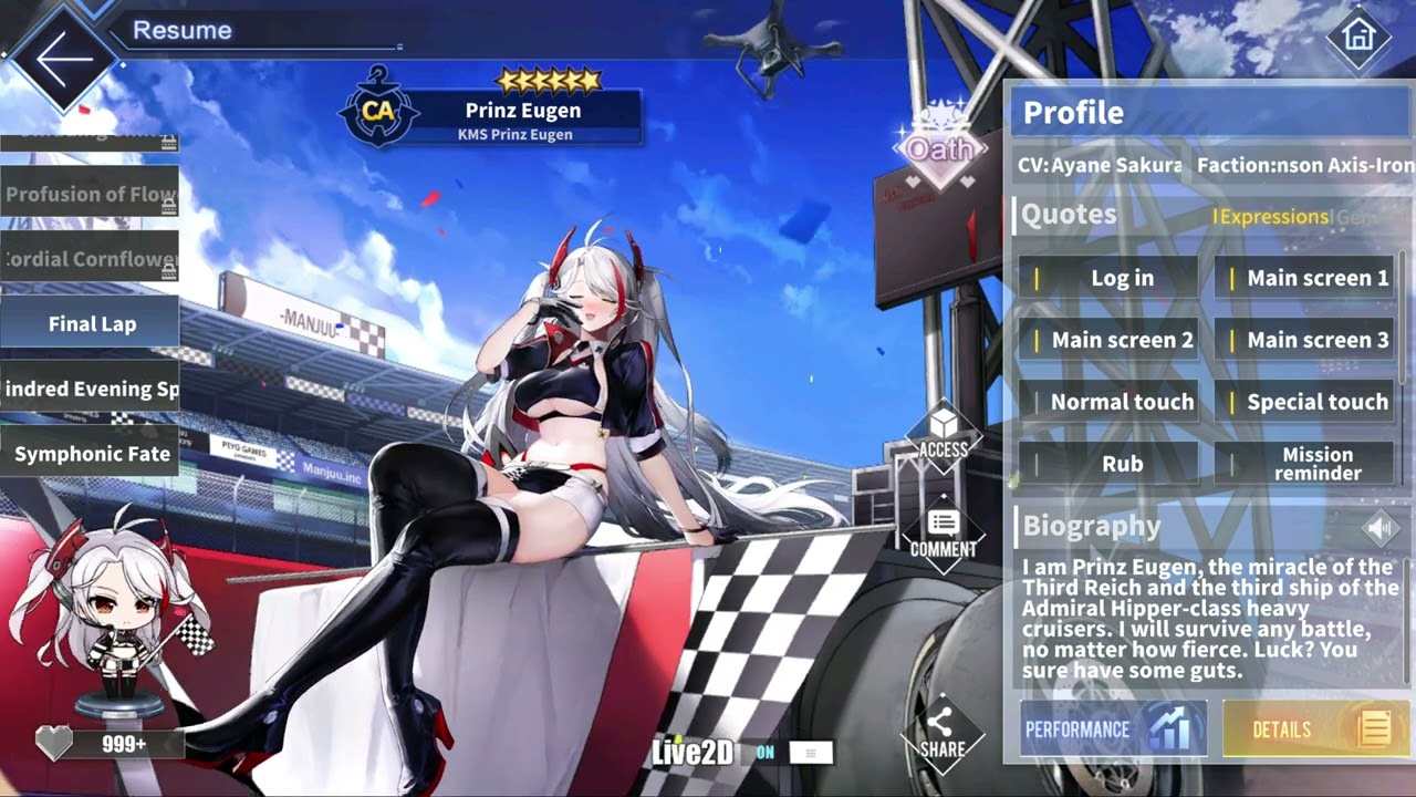 Azur Lane: KMS Prinz Eugen L2D Skin Talk & Move (Final Lap) - YouTube