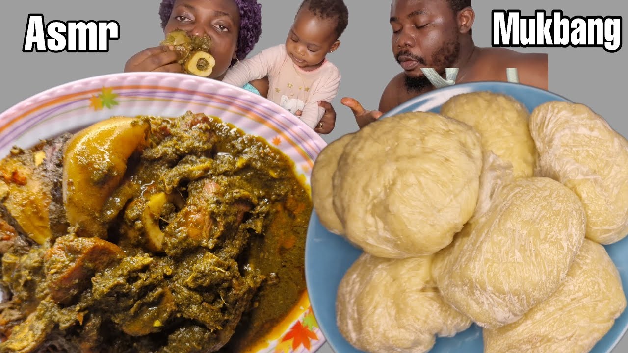 #Mukbang Eating yellow fufu flake with ugazi soup#cowleg #beef #fish ...