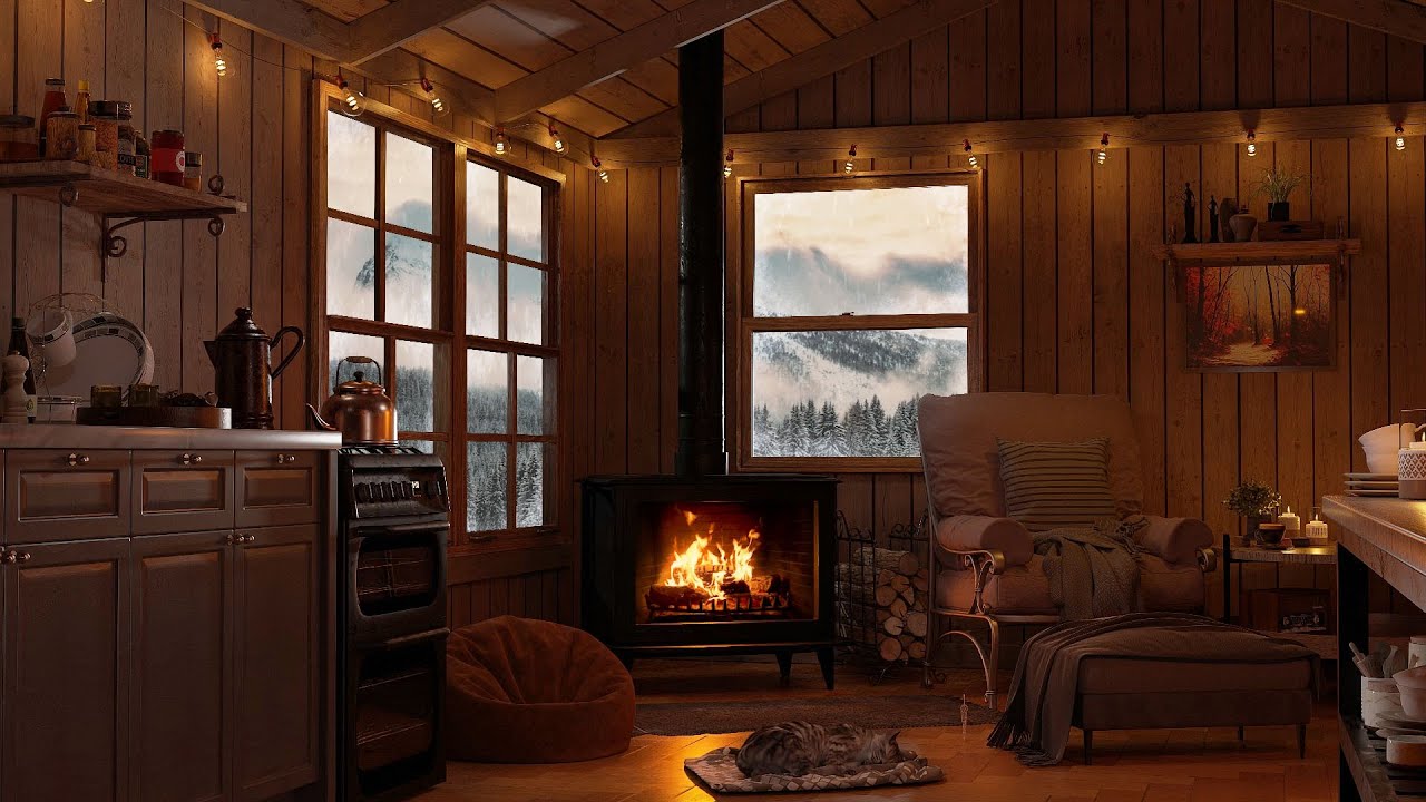 Winter Cozy Cabin in Snowfall with Crackling Fireplace Sound, Relaxing ...