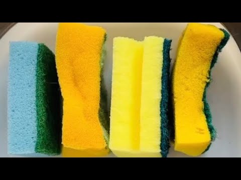ASMR quick rip new vs clean worn kitchen sponge rip dry and damp ...