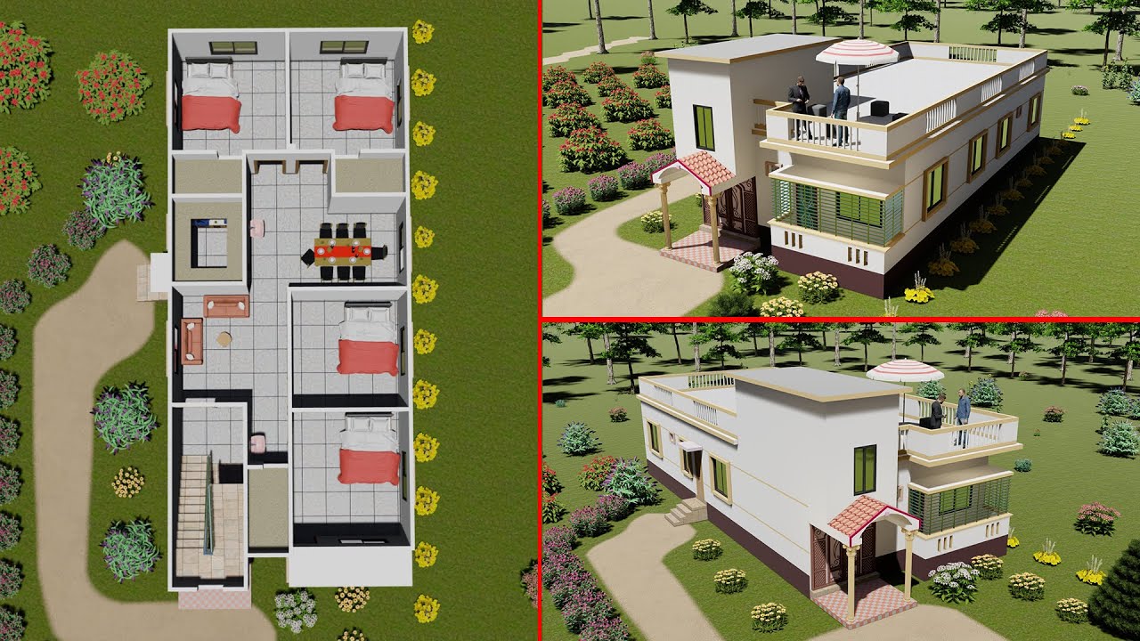 দেখুন লম্বা জমিতে 4 Bedroom House Design in BD, Bangladesh House Design ...