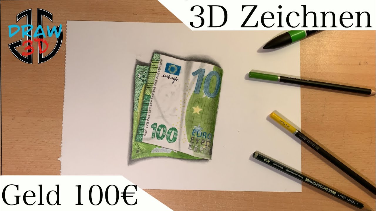 Wie man 100€ Zeichnen in 3D Illusion, Geld zeichnen lernen für Anfänger ...