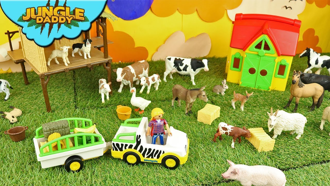 Farmer feeds HUNGRY FARM ANIMALS | Learn ranch stable cow horse ...