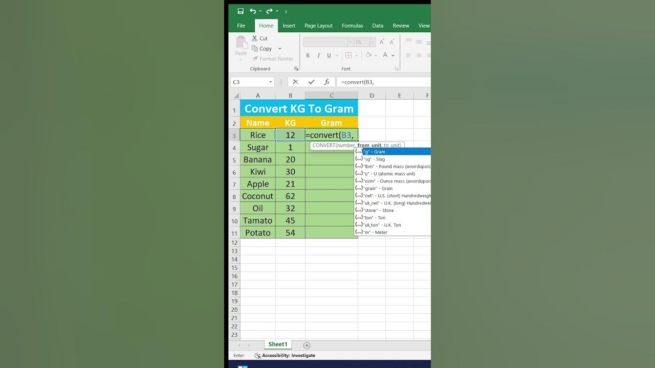 Excel Short tricks Convert KG to Gram #tricks #exceltricks #exceltips #excel - YouTube