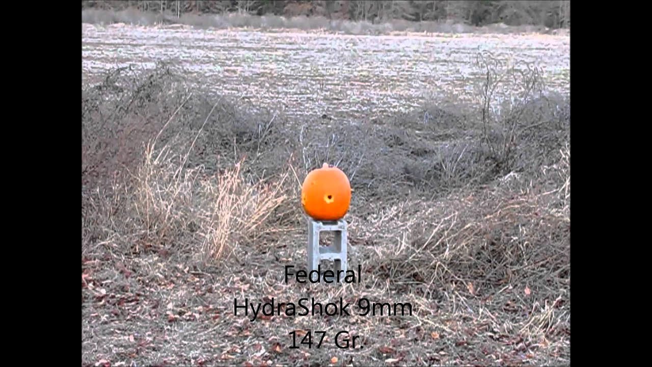 Glock 19 Extreme Shock and Hydra-Shok and a pumpkin - YouTube