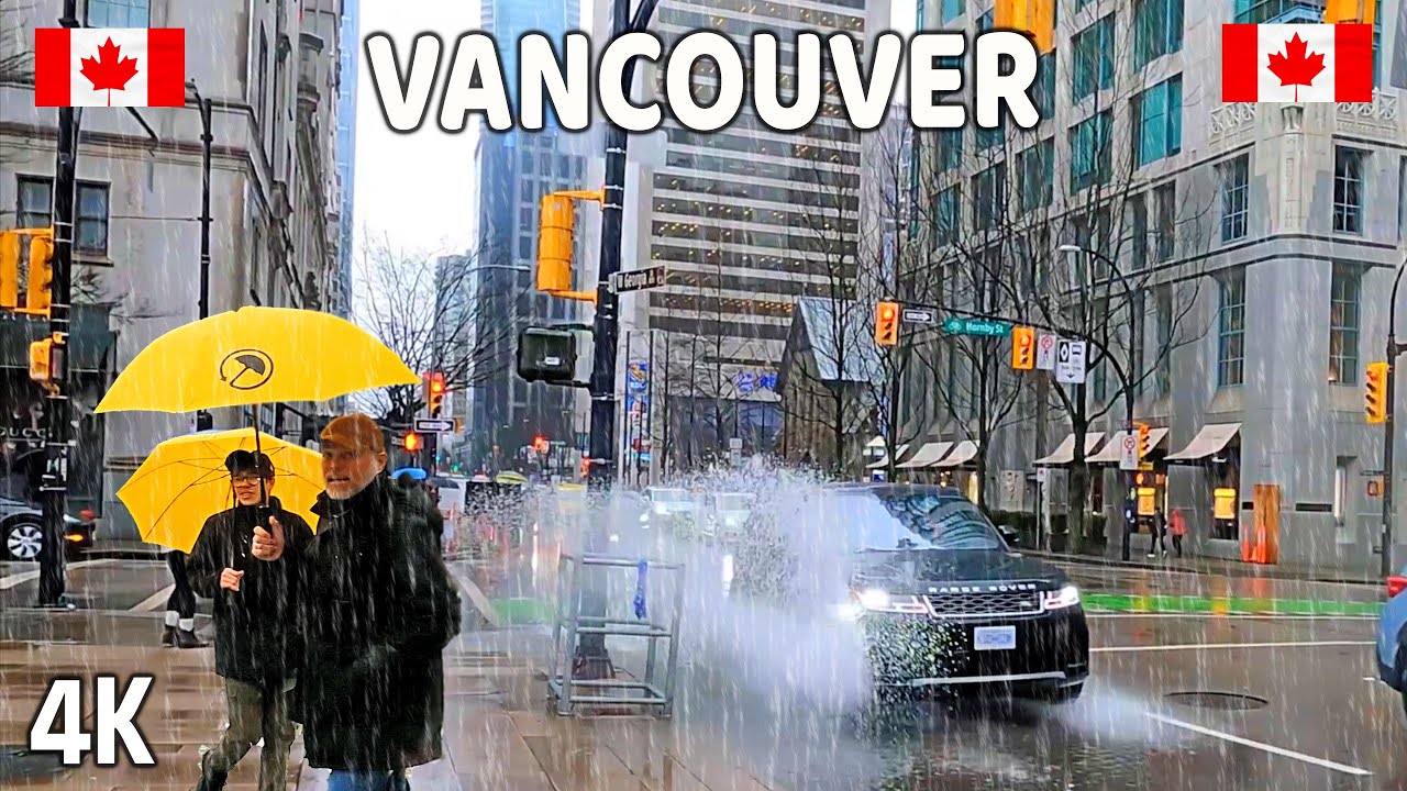 🇨🇦 【4K】⛈️⛈️⛈️🍁 Heavy Rain in Downtown Vancouver BC. Travel Canada ...