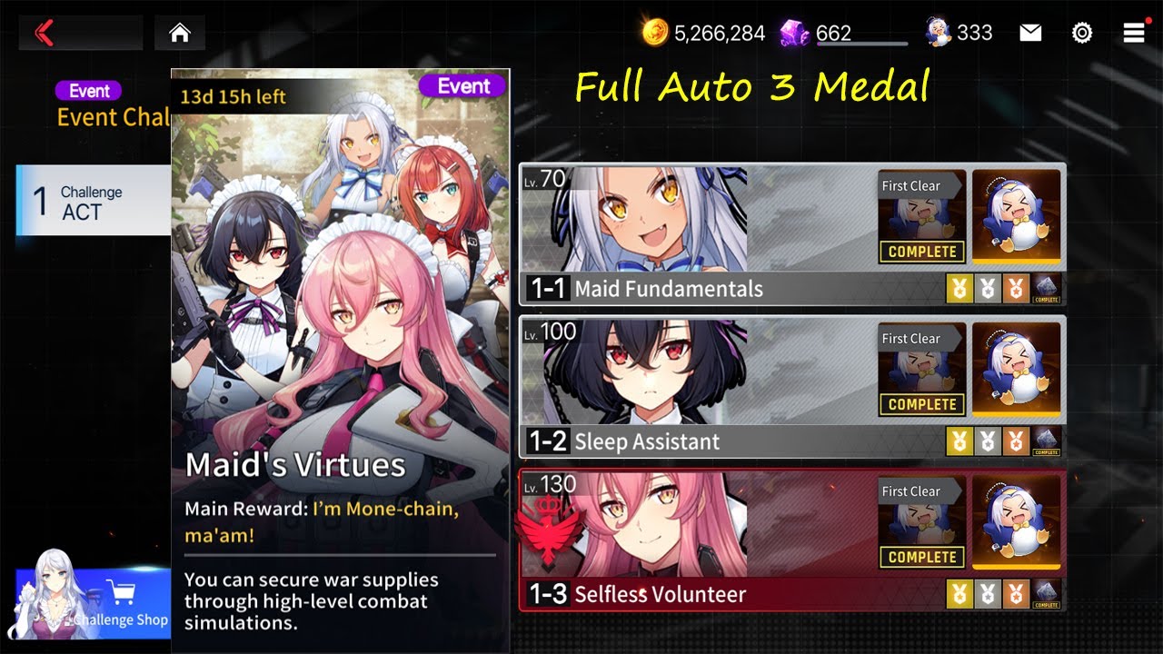 New Challenge Maid's Virtues 1-1 - 1-3 Full Auto 3 Medal I Counter:Side ...