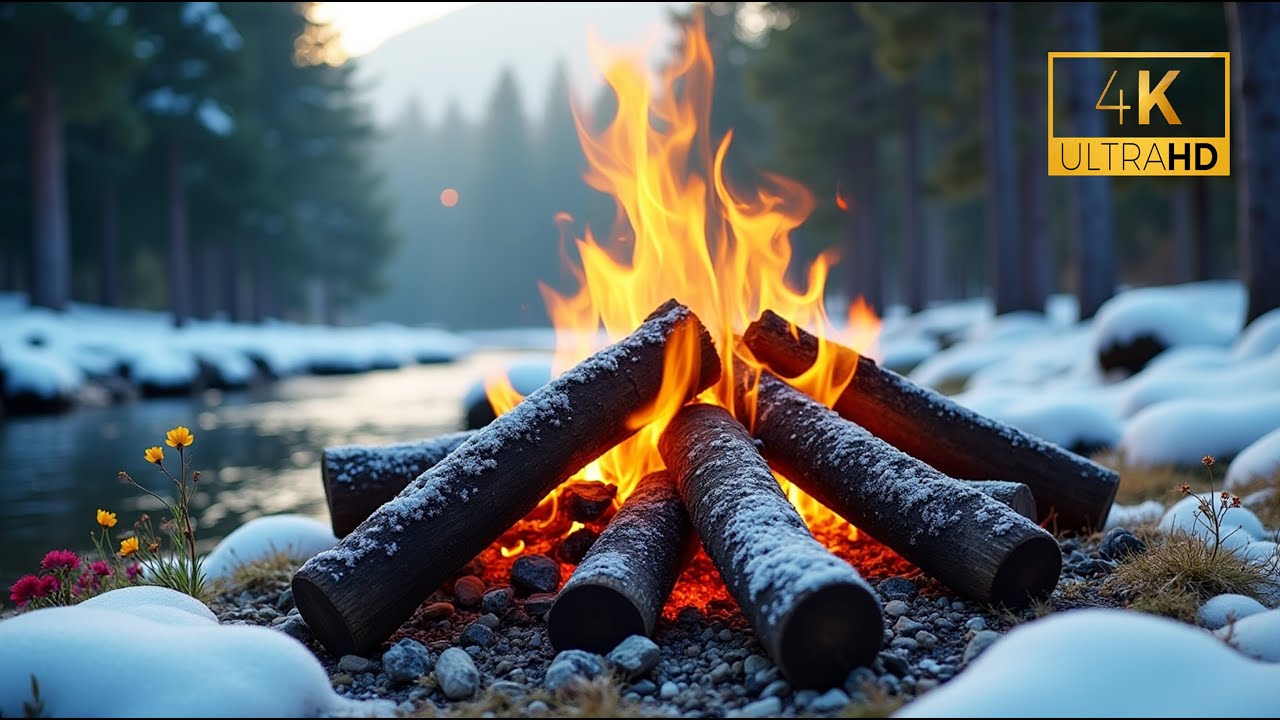 4K Campfire Morning in Snowy Forest: Nature Sounds, Crackling Fire by ...