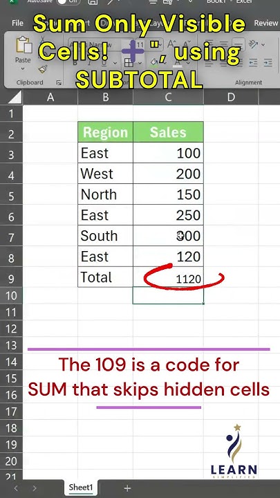 Effortlessly sum only the visible cells in Excel! 🧮 #ExcelHacks #QuickExcelTips #learnsimplified ...