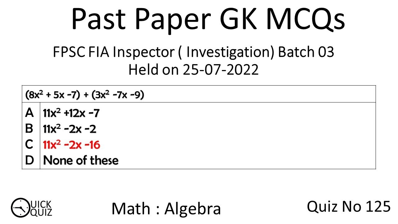 Quiz 125 | Percentage | Maths | FPSC, PPSC, SPSC | (8x2 + 5x -7) + (3x2 ...
