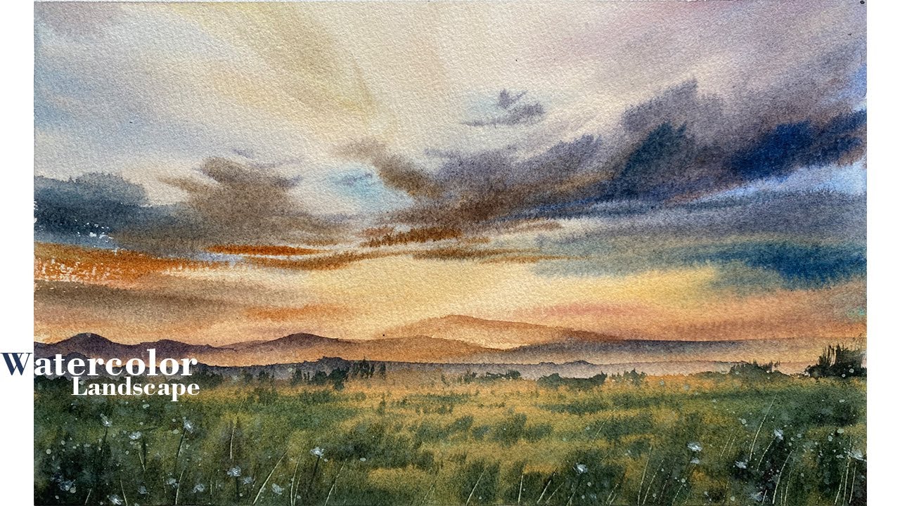 How to Paint a Sunset and Clouds Over the Prairie in Watercolor - YouTube