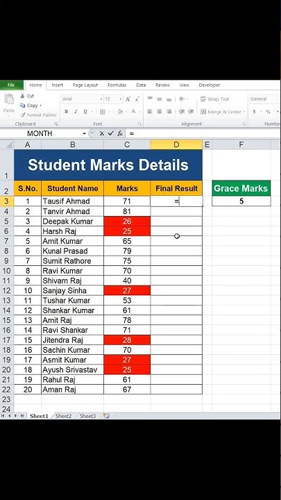 #shorts | Student Marks Details | Grace Marks | Fail Students #excel #excelshorts - YouTube