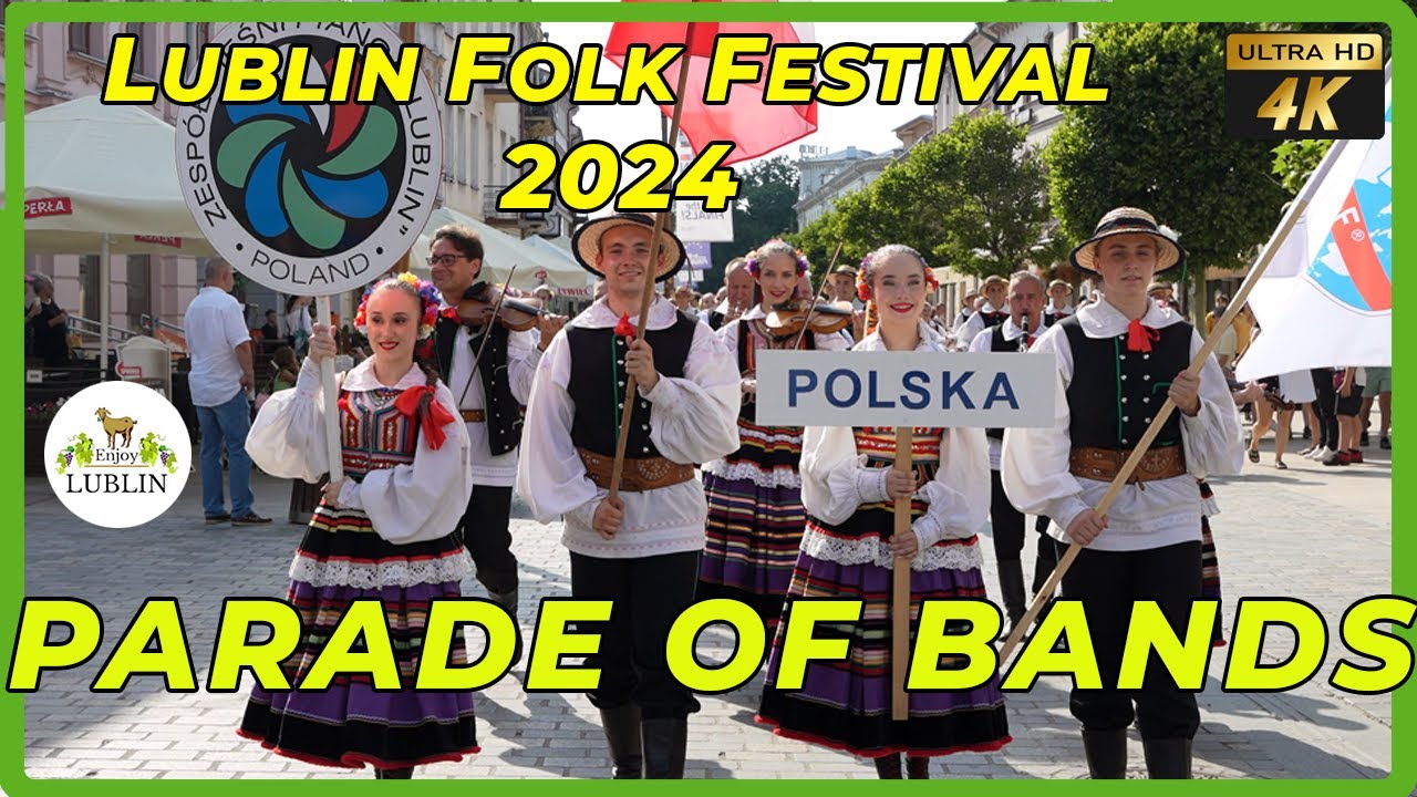Parade of Bands in Lublin, Poland to start the 2024 Folk Festival. Plac Litewski to Stare Miasto ...