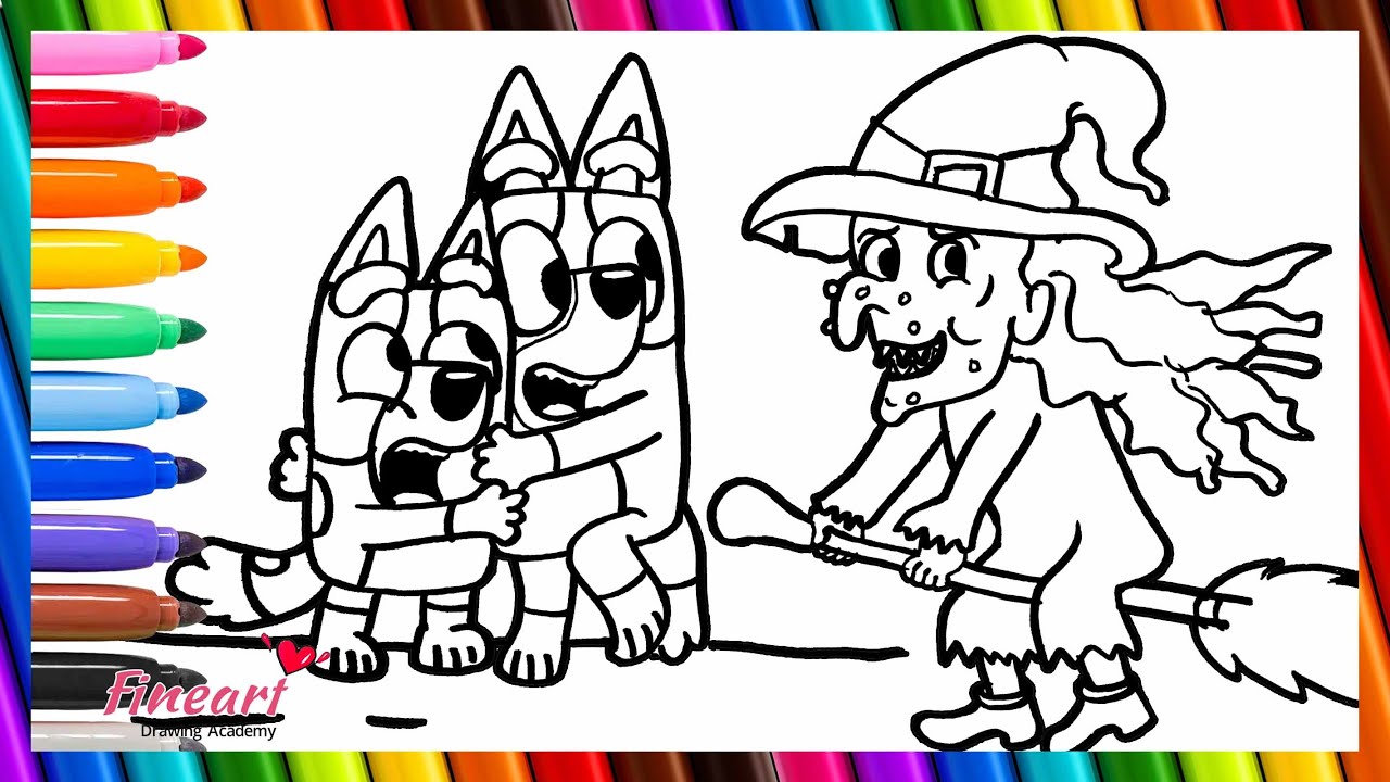 Draw and Color Bluey and Bingo afraid of a WITCH 🐶😱😨🐕 Drawings for Kids ...