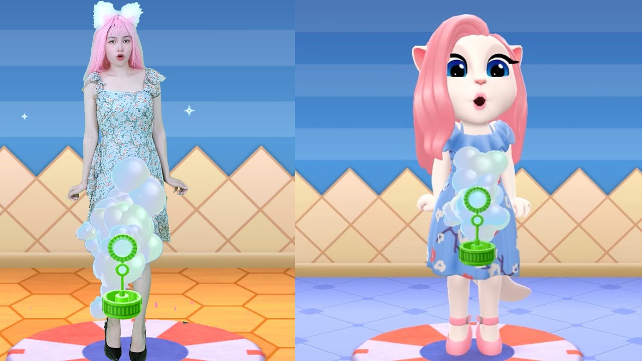 Imitate Angela Blow Bubbles | My Talking Angela 2 In The Real Life ...