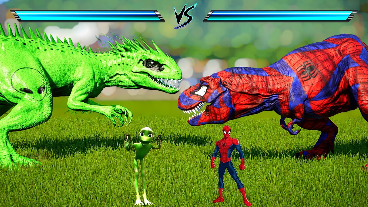 Green Alien I-REX vs Spiderman T-REX, Ironman, Hulk Dinosaurs Fight ...