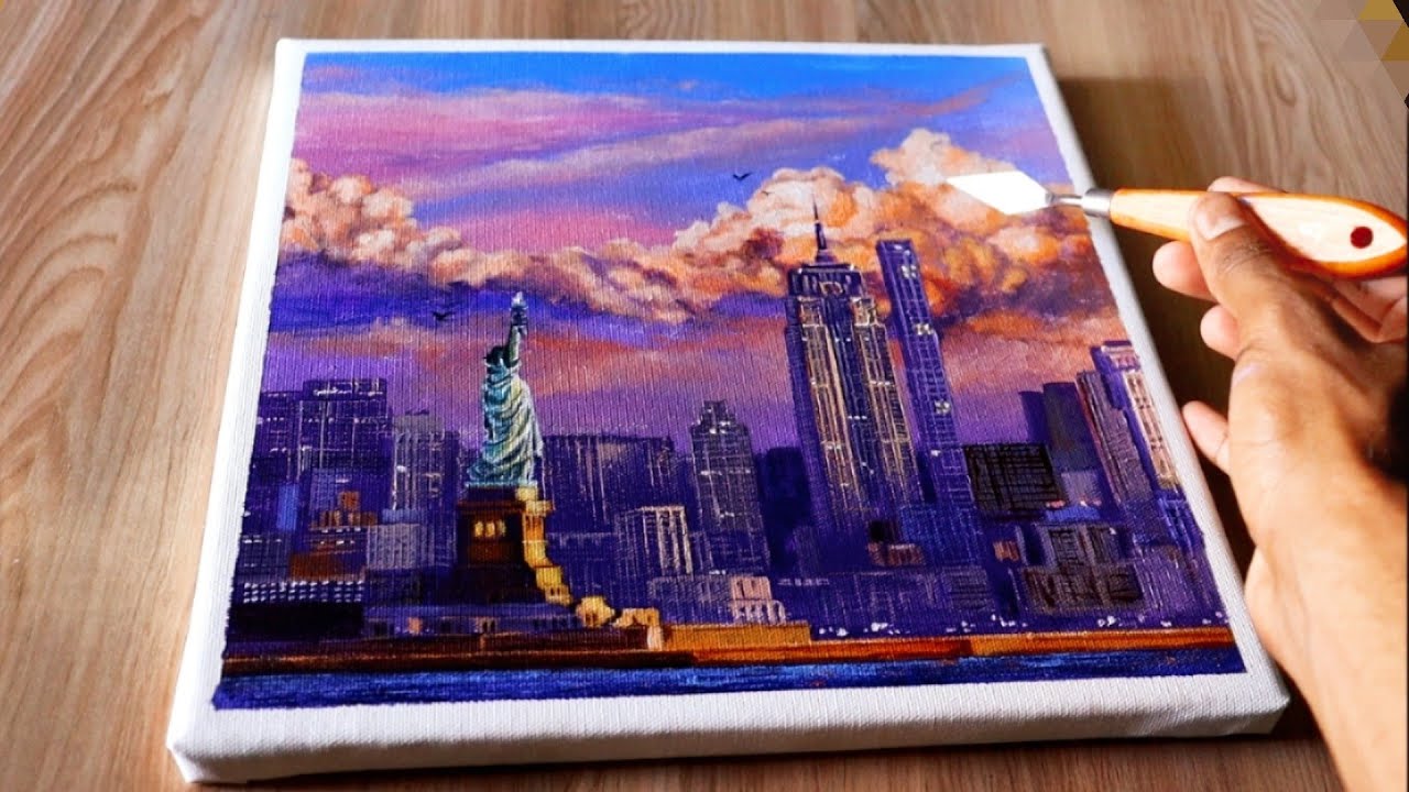 Day:136/Easy Acrylic Painting tutorial Cityscape/Stachu of Liberty ...