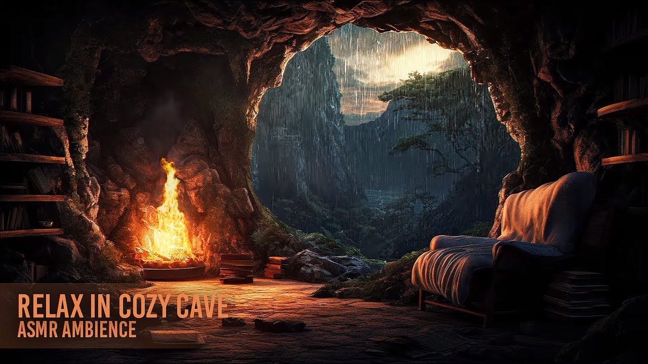 🌧️ Relax In Cozy Cave | Relaxing Firepit Crackling, Rain & Wind Sounds ...