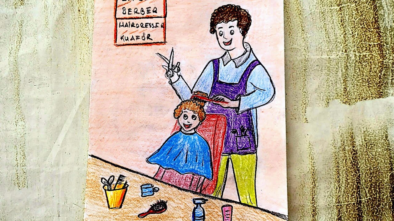 HAIRDRESSER - BARBER DRAWING USING COLOR PENCILS - KURU BOYALARLA ...