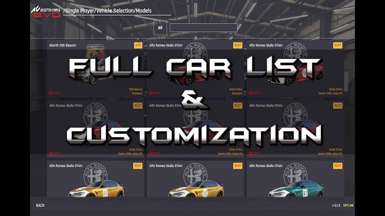 Assetto Corsa Evo - All Cars List & Customizations - YouTube