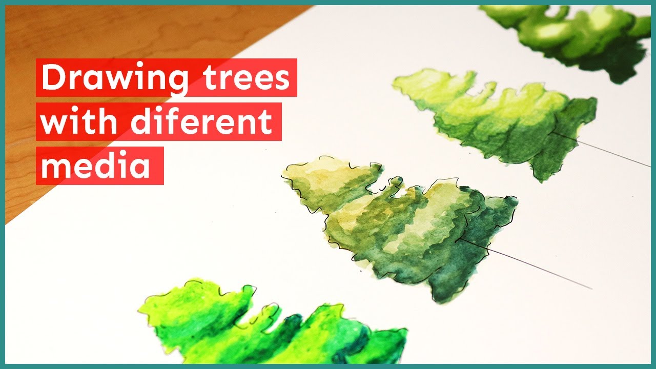 Drawing trees with different mediums - YouTube