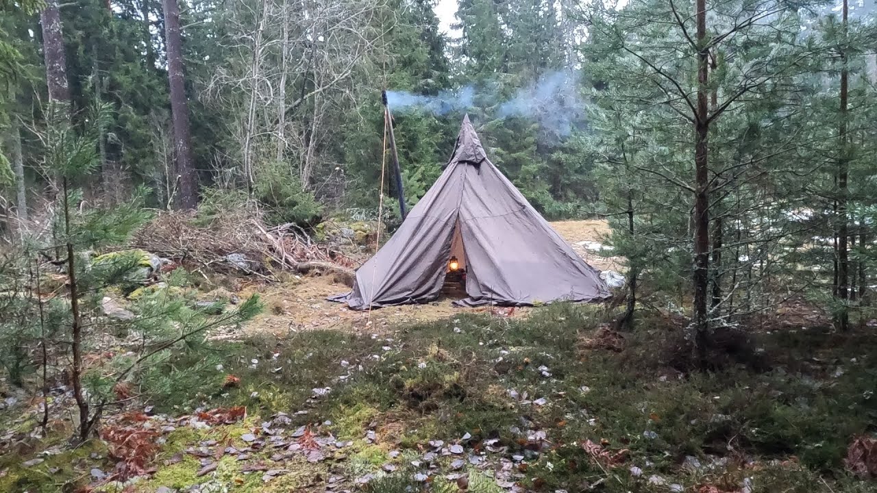 Winter Hot Tent Camping in Rain /Hobo Meal on Open Campfire - YouTube