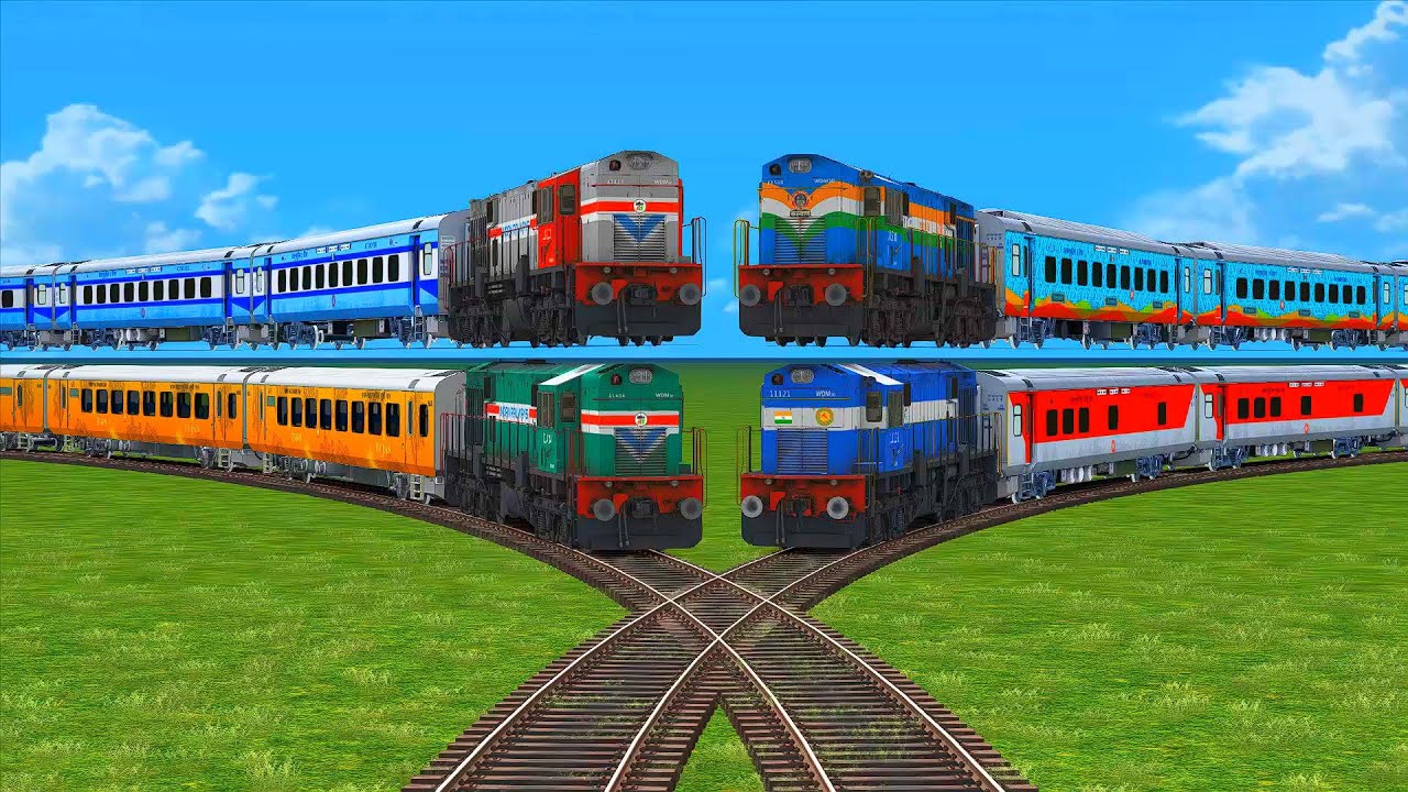 4 Colorful Trains Crossing On Top at Risky Sharp Bend Railroad Track ...