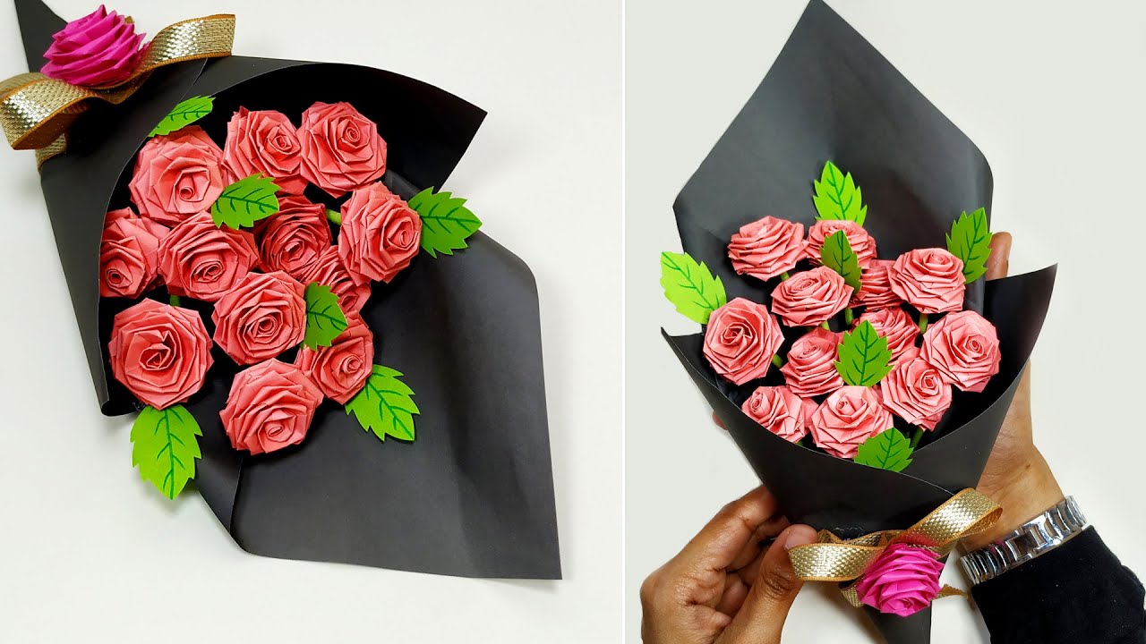 How to make paper rose flower bouquet | Origami flowers for decoration ...