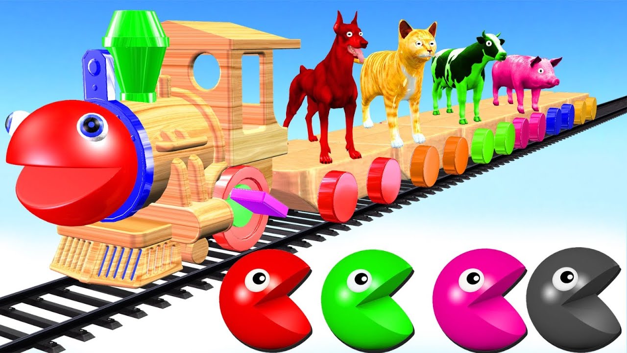 Pacman Wooden Train With Domestic Animals | Learn Colors With Animals ...