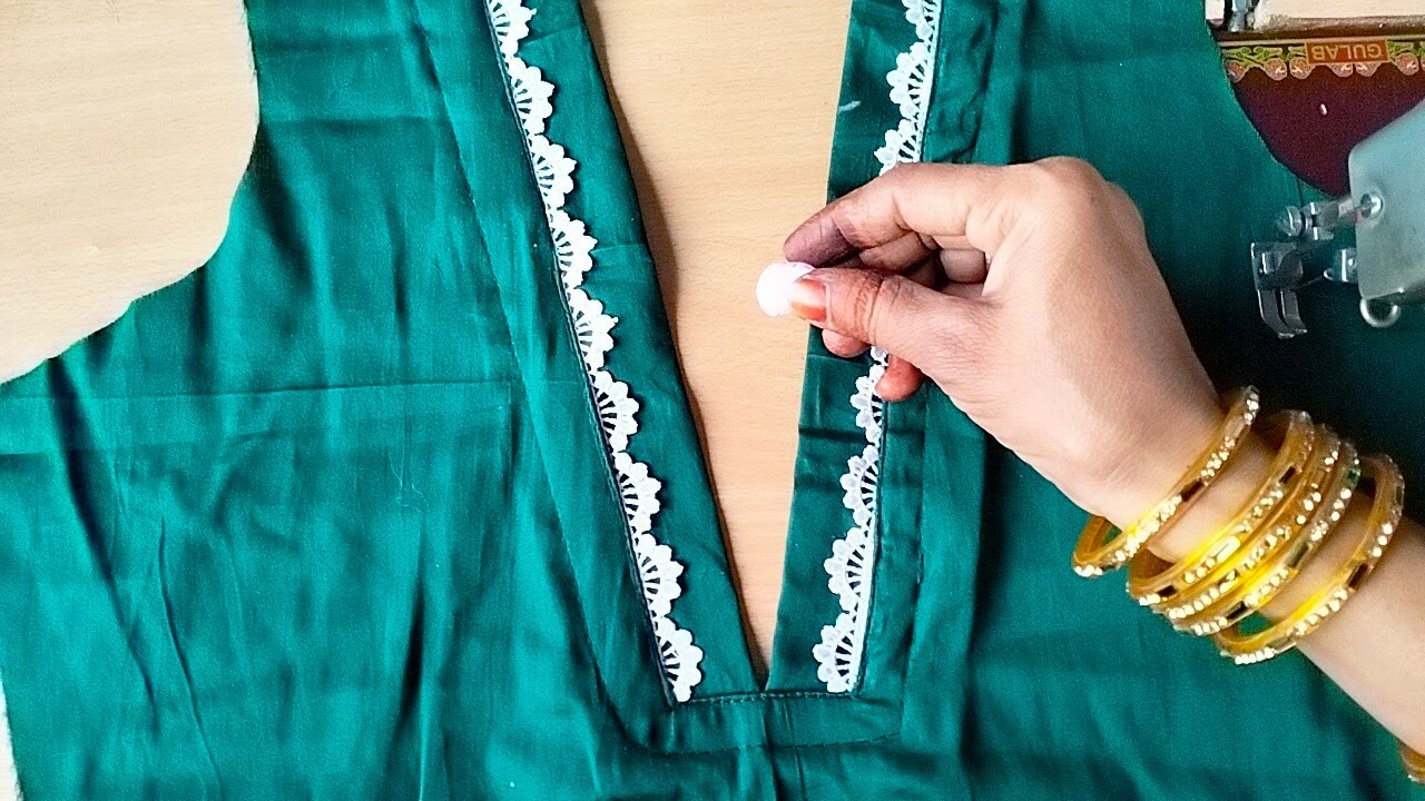 v shape neck design cutting and stitching/neck design with lace/orgenja ...