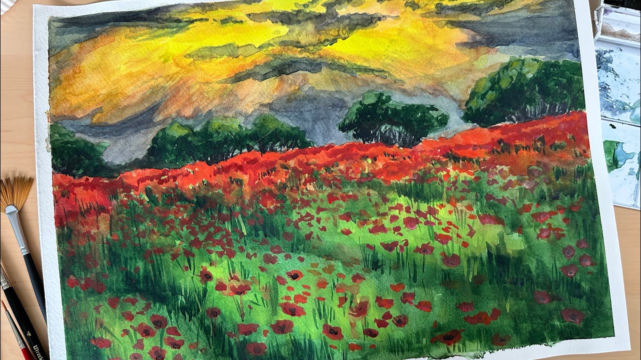 Field of Poppies, Watercolor Painting | Step by Step Watercolor ...