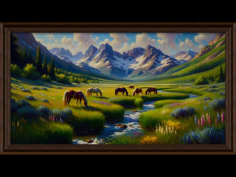 Wild Horses at Meadow Creek Painting | Western Wood Frame TV Art | Art Screensaver for TV 2 Hrs