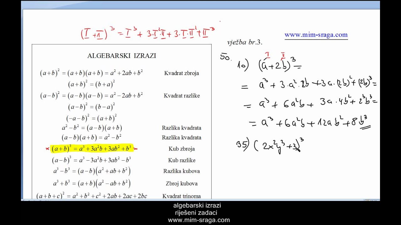 algebarski izrazi vježba br.3. - kub zbroja - matematika 1- zbirka ...