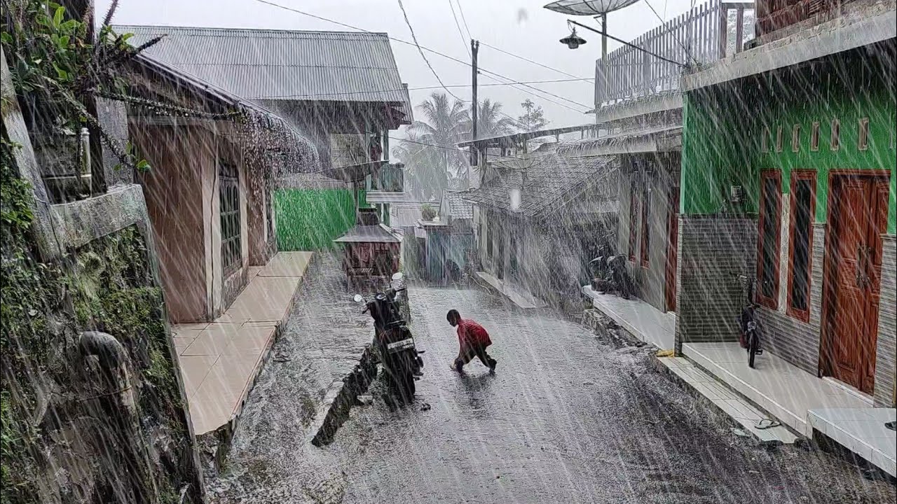 Heavy rain in my village 3 hours, walking through a beautiful village ...