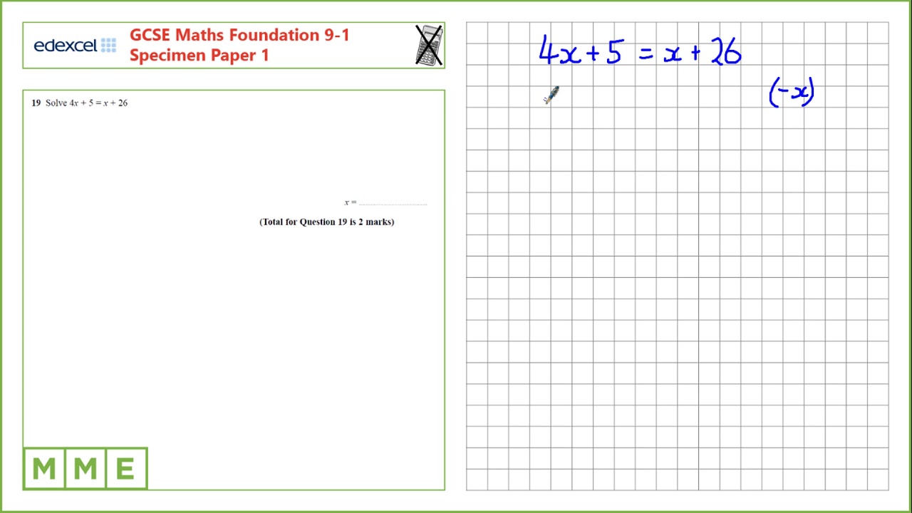 GCSE Maths EDEXCEL Foundation Specimen Paper 1 Q19 Solving linear ...