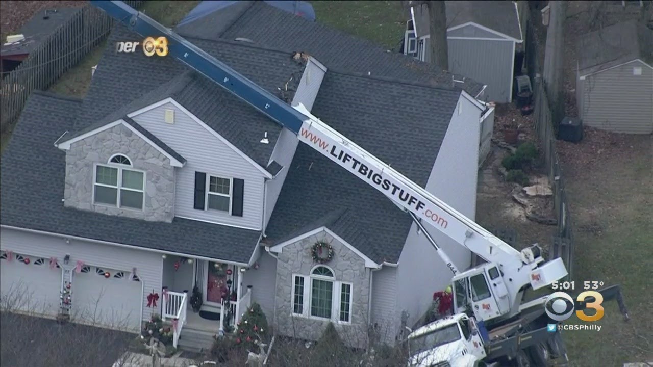 Crane Topples Over Onto House In Hamilton, New Jersey - YouTube