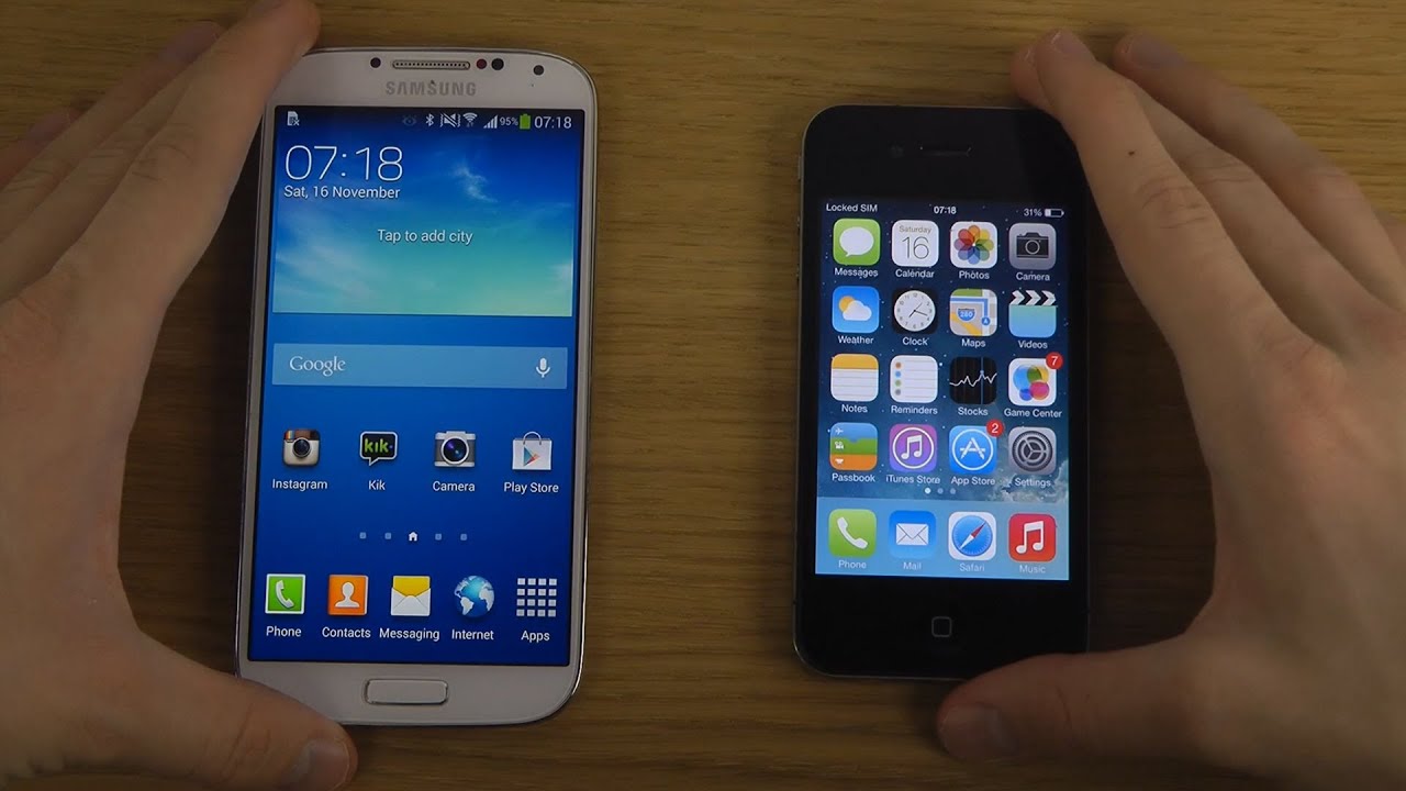 Official Android 4.3 Jelly Bean Samsung Galaxy S4 vs. iPhone 4 iOS 7.0. ...