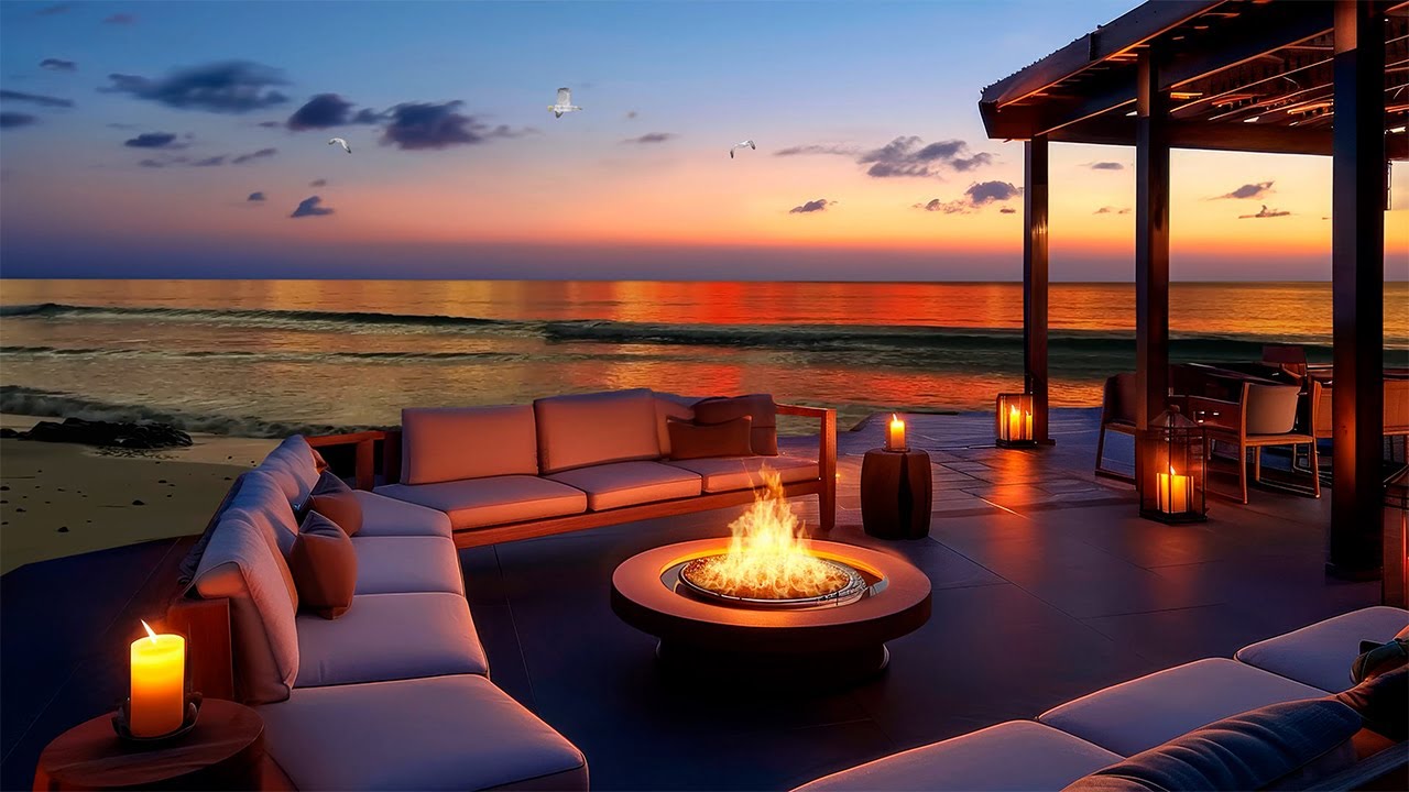 Tranquil Seaside Jazz Bliss in Cozy Beach Porch 4K. Night Ambience with ...