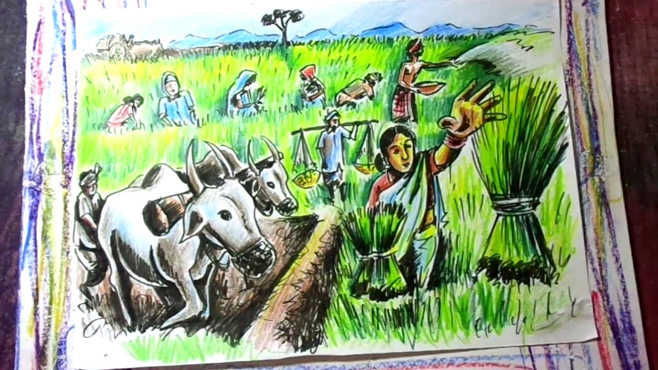 How to Draw Indian Farmer Family in the Field Poster Drawing Step by ...