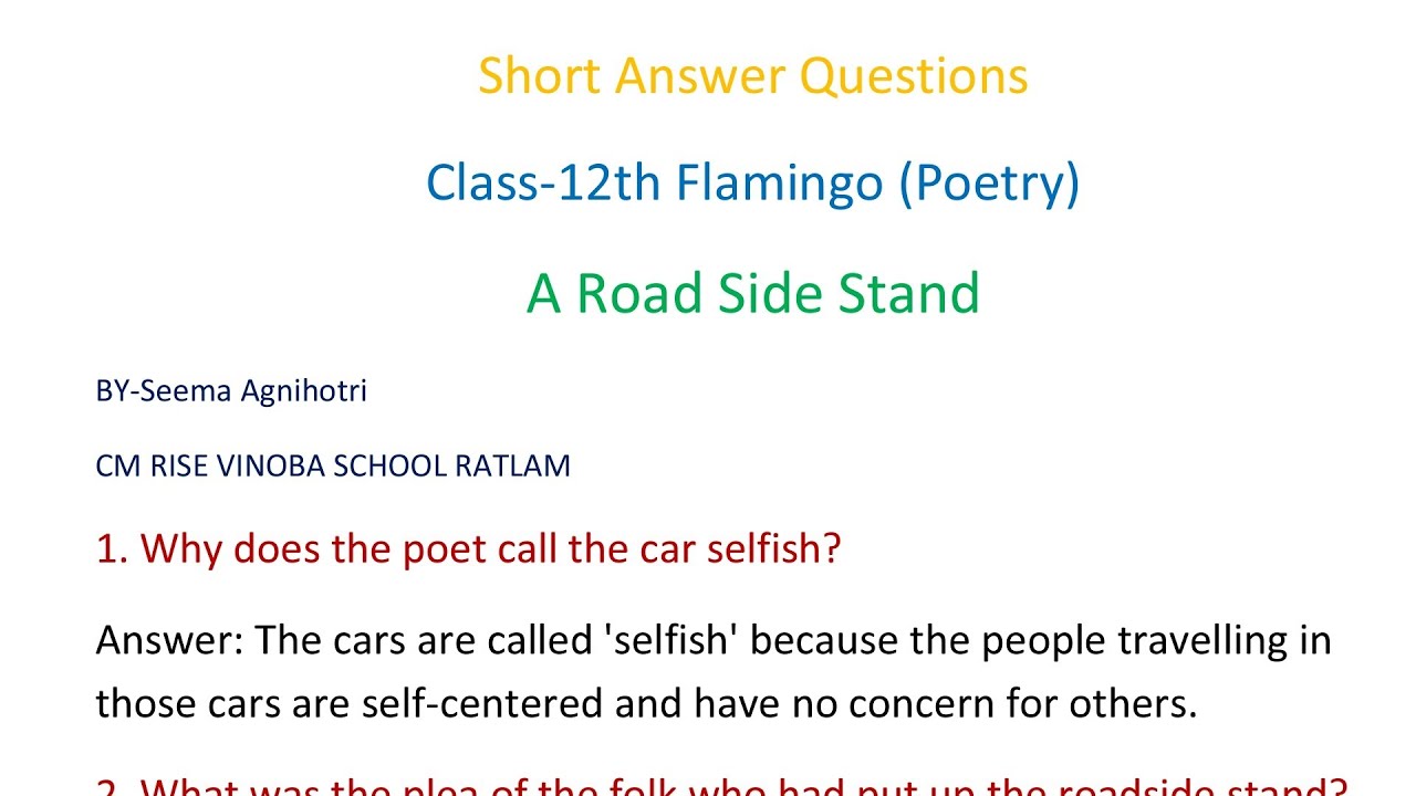 A Road Side Stand/Poem /Class 12th English Flamingo/ short answers of ...