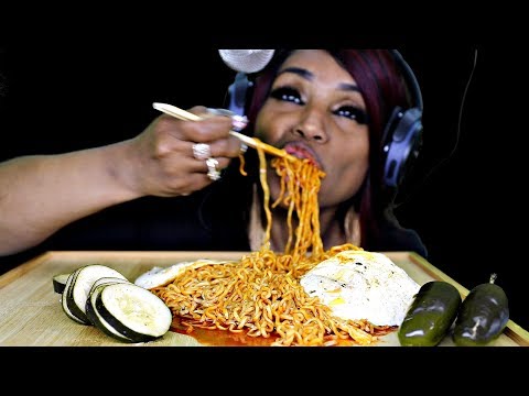 ASMR Spicy Fire Noodles, Eggs, Cucumbers, Jalapenos (Beast Mode)