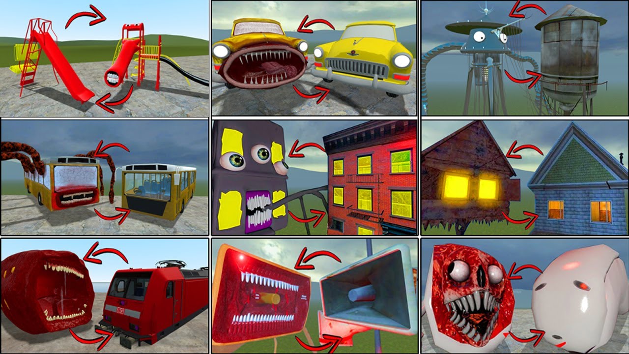 EVERYTHING TURNED INTO MONSTERS: HOUSE HEAD, EXTRA SLIDE, BUS EATER VS ...