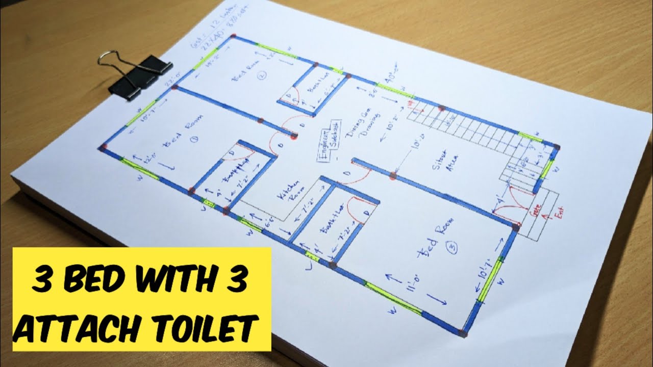 3 bedroom house plan with 3 attach toilet II 22 x 40 ghar ka design II ...