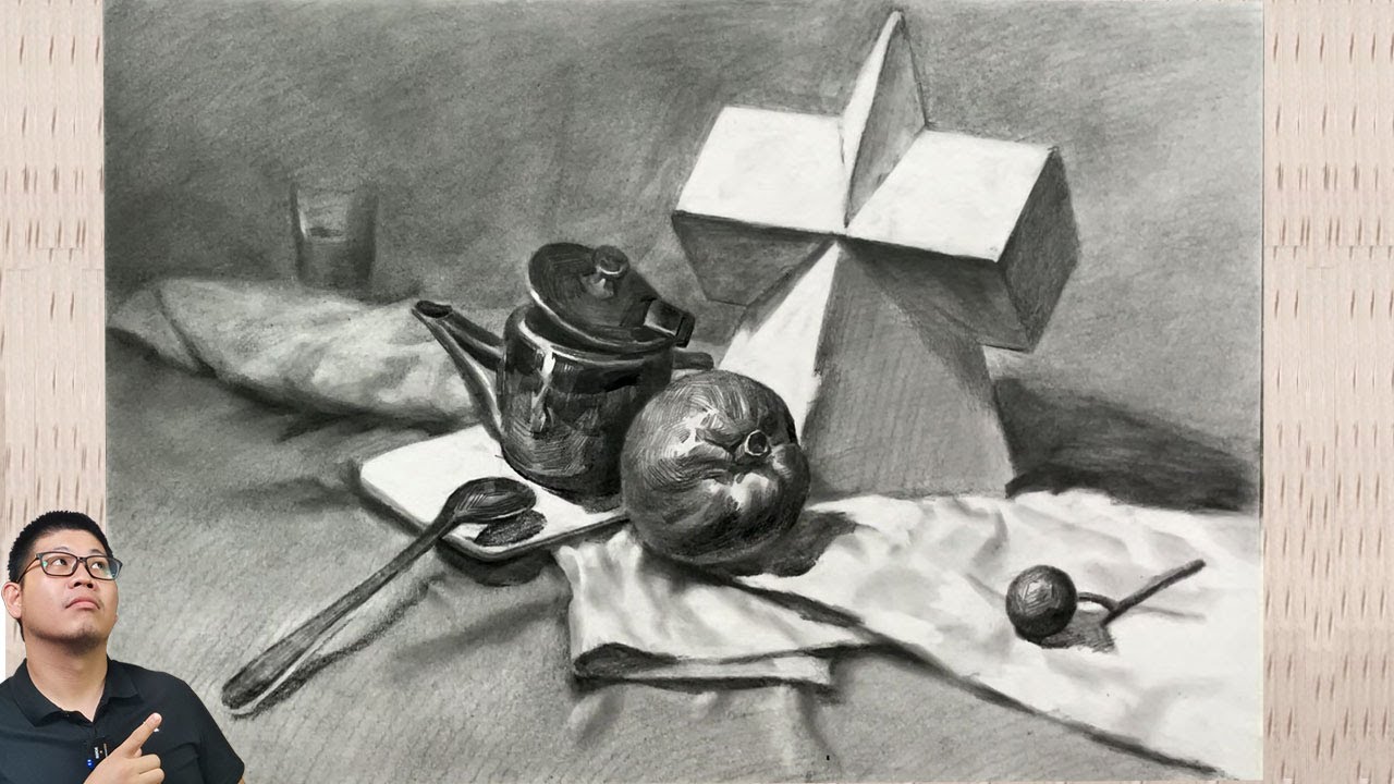 still-life drawing |Triangular plaster|Stainless steel|Pear|Spoon|White ...
