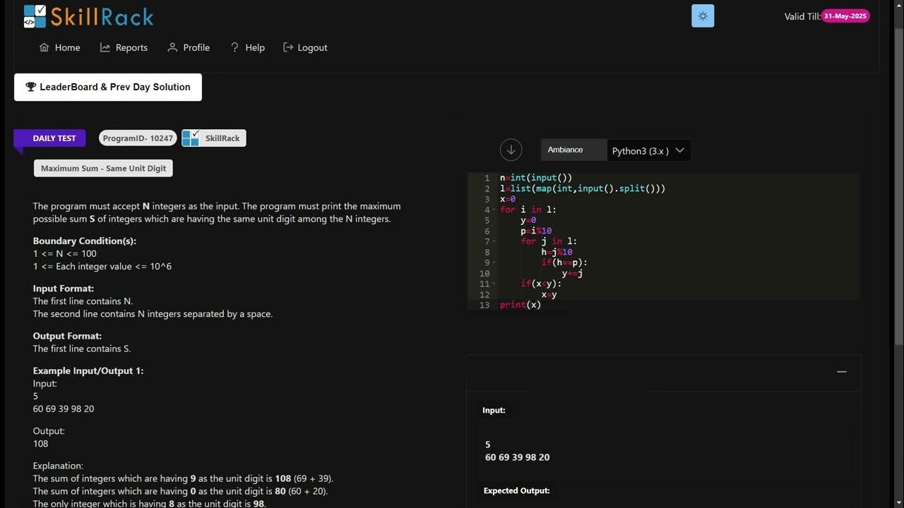 Skillrack Daily Test 101223 Maximum Sum Same Unit Digit Program Id 10247